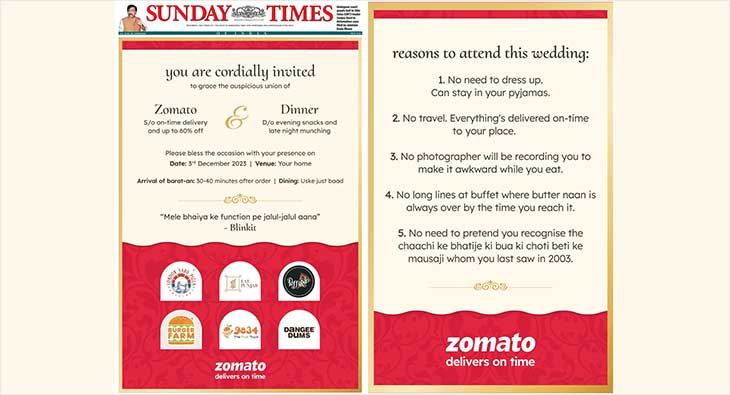 Zomato Wedding Invitation to All - Creative Ad Campaign in Sunday Times ...