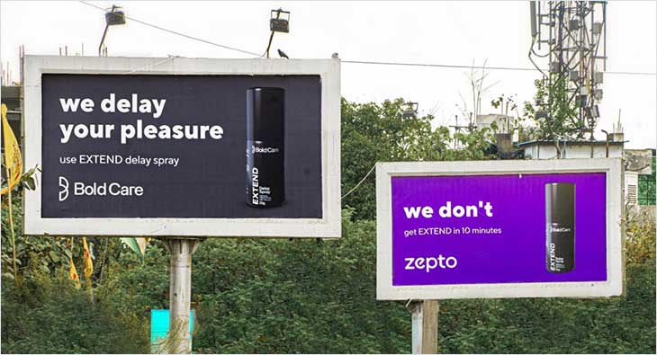 Bold Care and Zepto have a playful billboard banter in Delhi